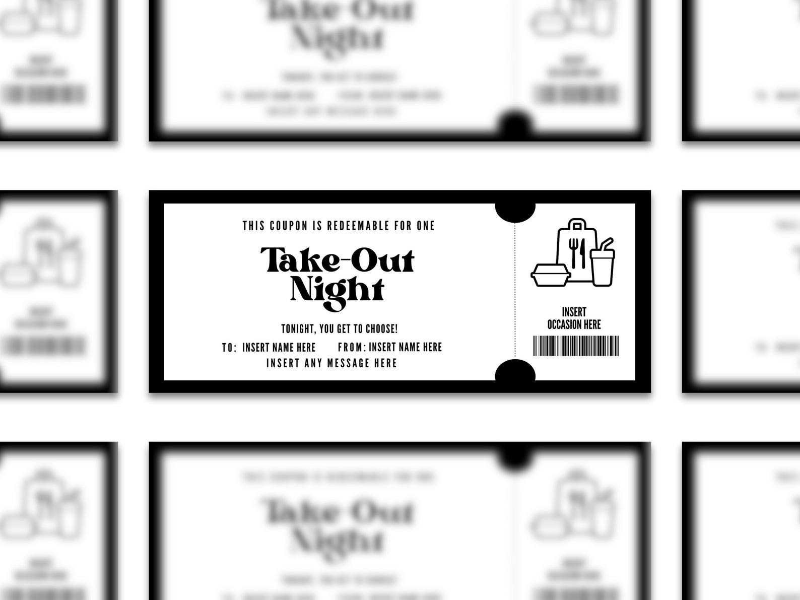 Editable Take-out Night Coupon, Printable Food Delivery Ticket Template ...