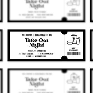 Editable Take-out Night Coupon, Printable Food Delivery Ticket Template ...