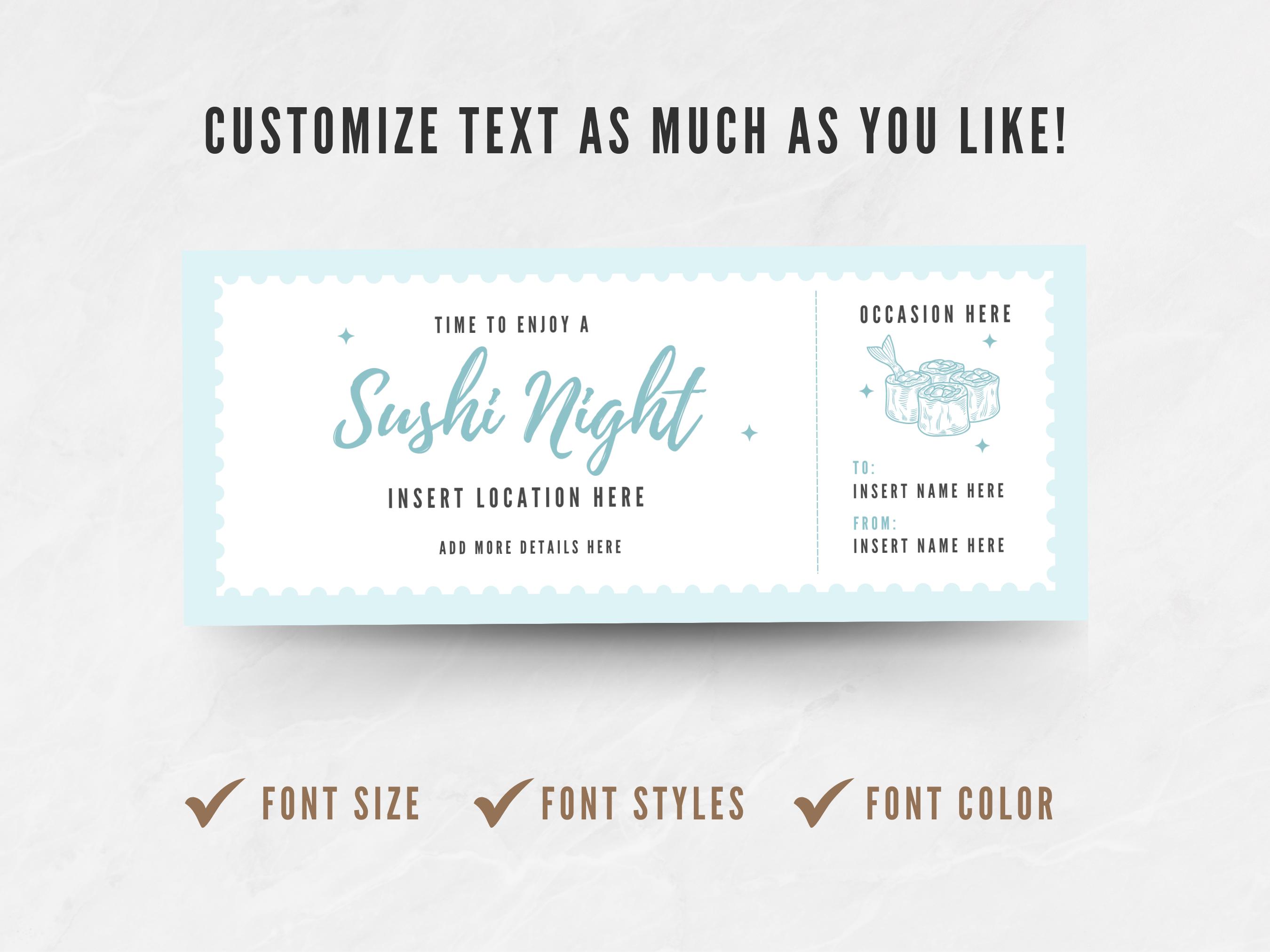 Editable Sushi Dinner Coupon Template, Custom Sushi Date Ticket ...