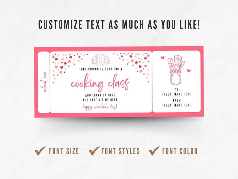 Printable Cooking Class Valentine's Day Coupon Template, Editable Cooking Class Ticket Template ...