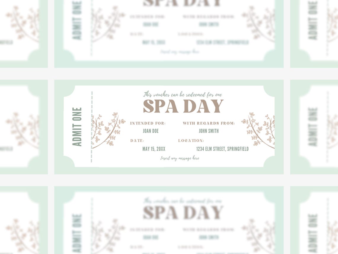 Editable Spa Day Coupon, Printable Spa Ticket Voucher, Custom Spa Day ...