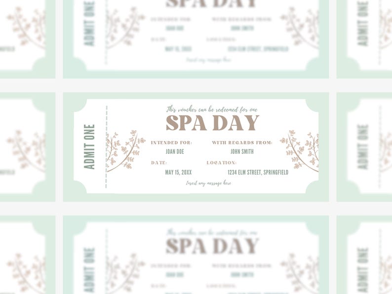 Editable Spa Day Coupon, Printable Spa Ticket Voucher, Custom Spa Day ...
