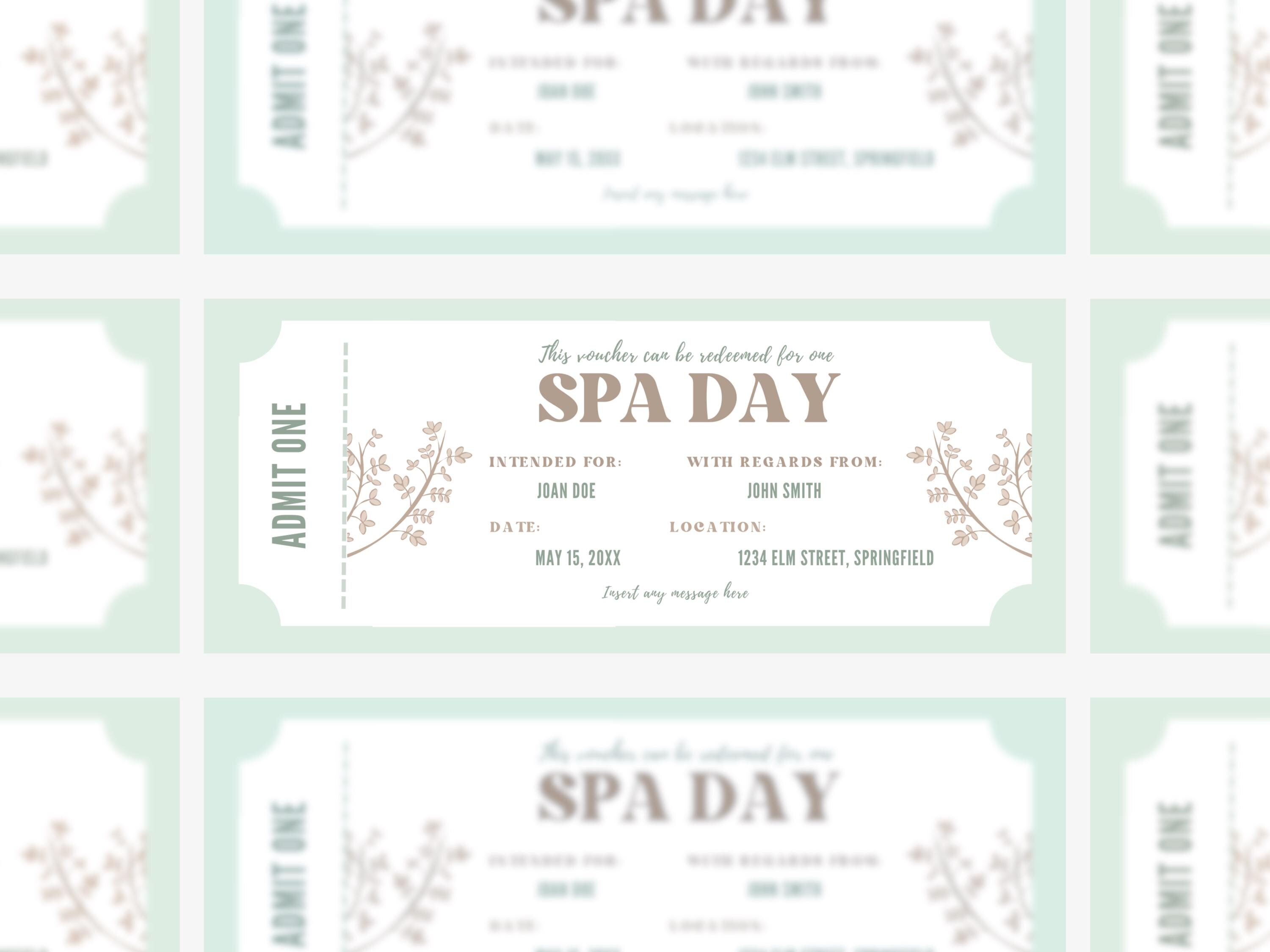 Editable Spa Day Coupon, Printable Spa Ticket Voucher, Custom Spa Day ...
