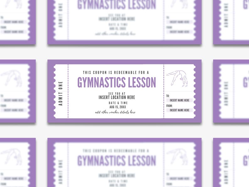 Editable Gymnastics Lesson Coupon, Custom Gymnastics Lessons Ticket ...