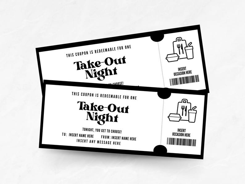 Editable Take-out Night Coupon, Printable Food Delivery Ticket Template ...