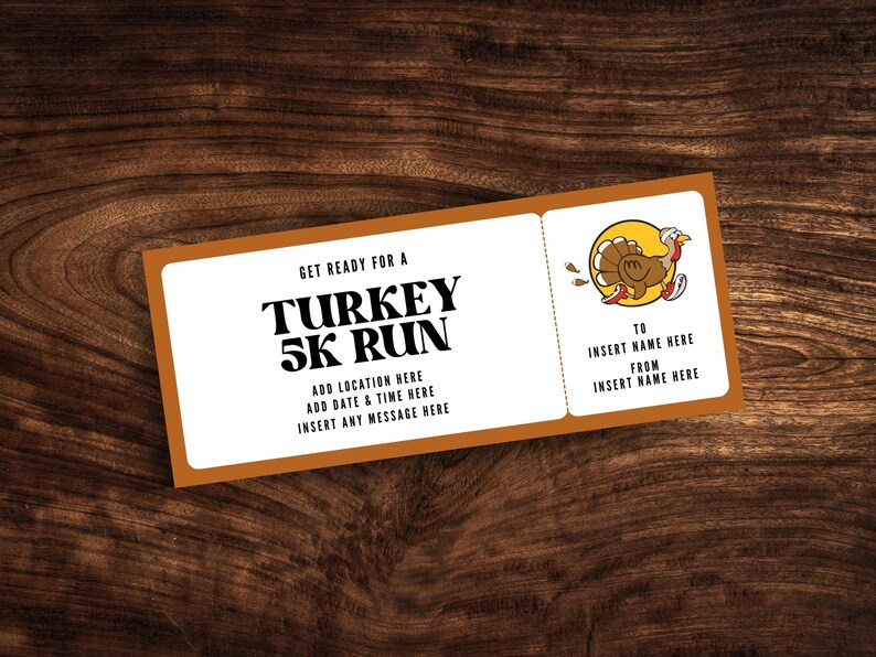 Editable Turkey 5k Run Ticket Template, Custom Thanksgiving 5k Race ...