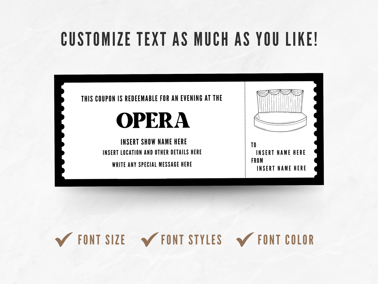 Custom Opera Ticket Template, Printable Opera Show Ticket Coupon ...