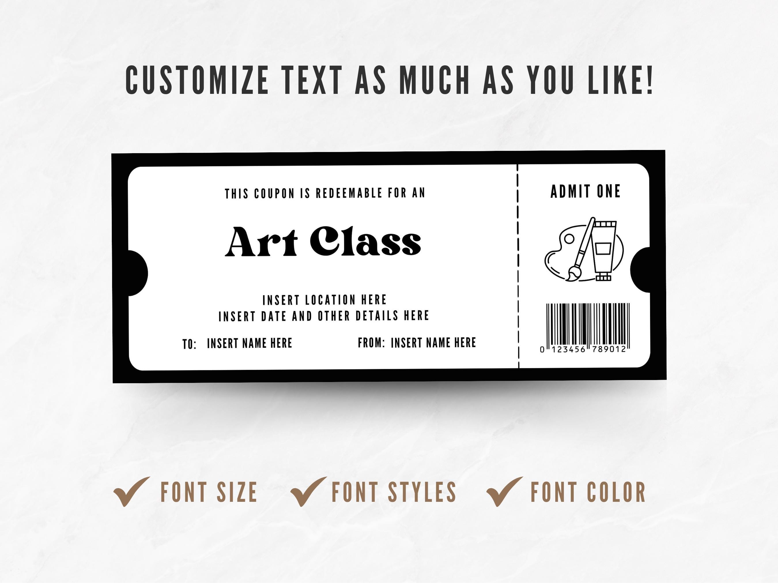 Printable Art Class Coupon, Editable Craft Class Ticket Template ...