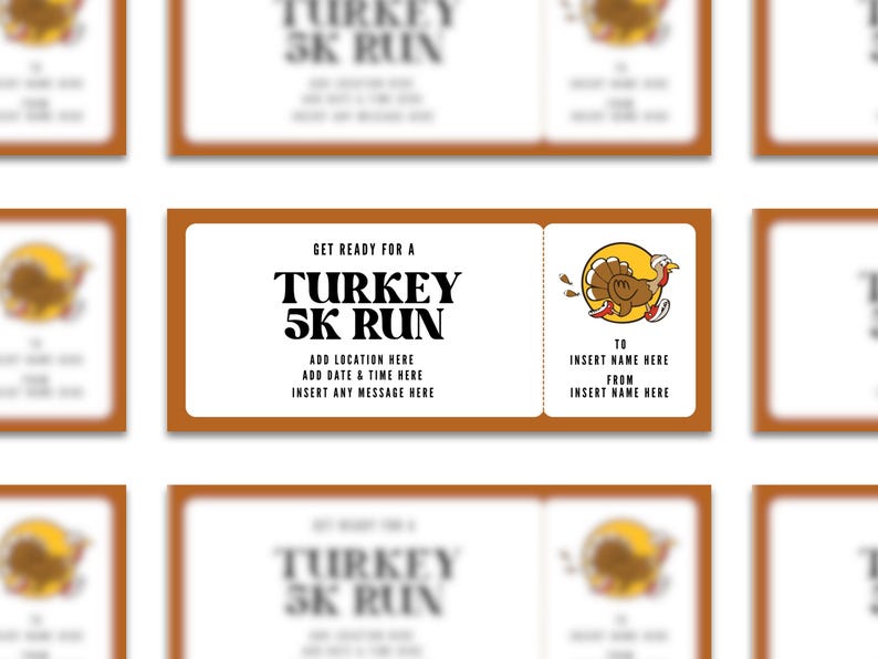 Editable Turkey 5k Run Ticket Template, Custom Thanksgiving 5k Race ...