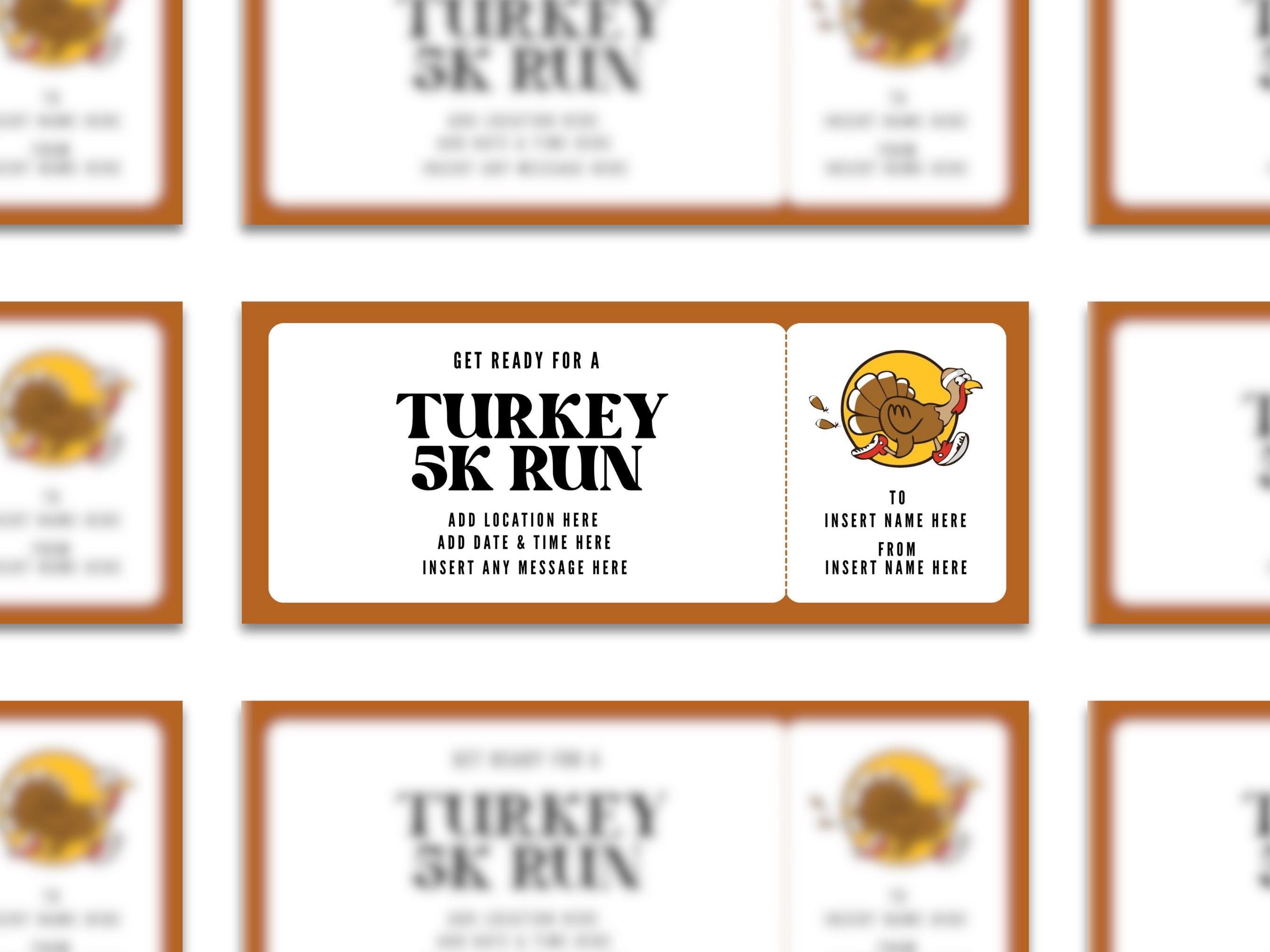 Editable Turkey 5k Run Ticket Template, Custom Thanksgiving 5k Race ...