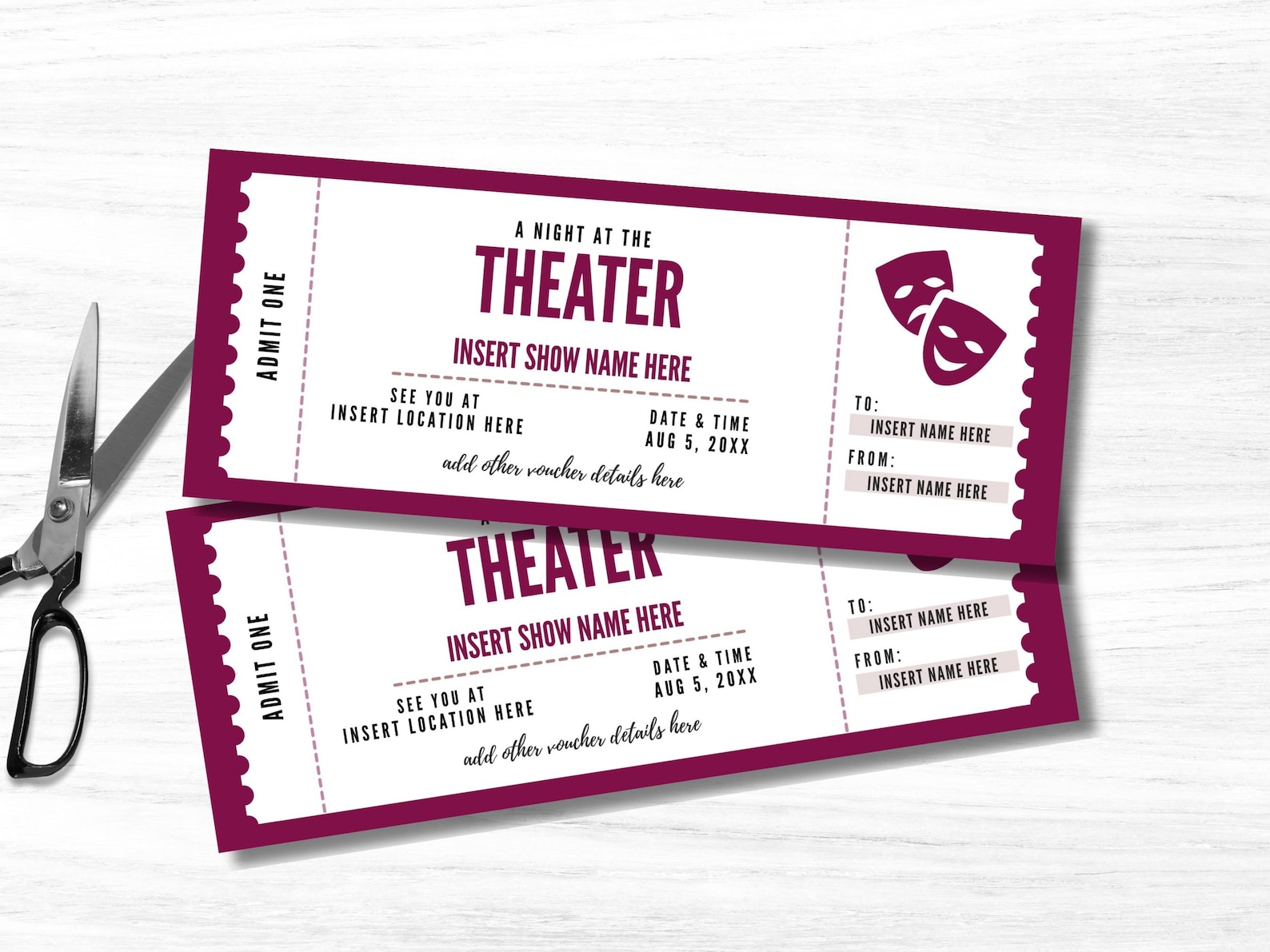 Custom Theater Ticket Template, Printable Play Show Ticket Coupon ...