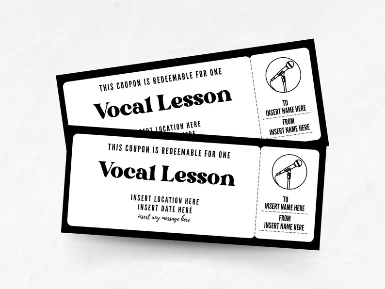 Editable Vocal Lesson Coupon, Custom Singing Class Ticket Template ...
