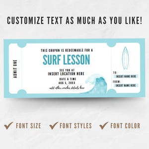 Editable Surf Lesson Coupon, Custom Surfing Lessons Ticket Template ...