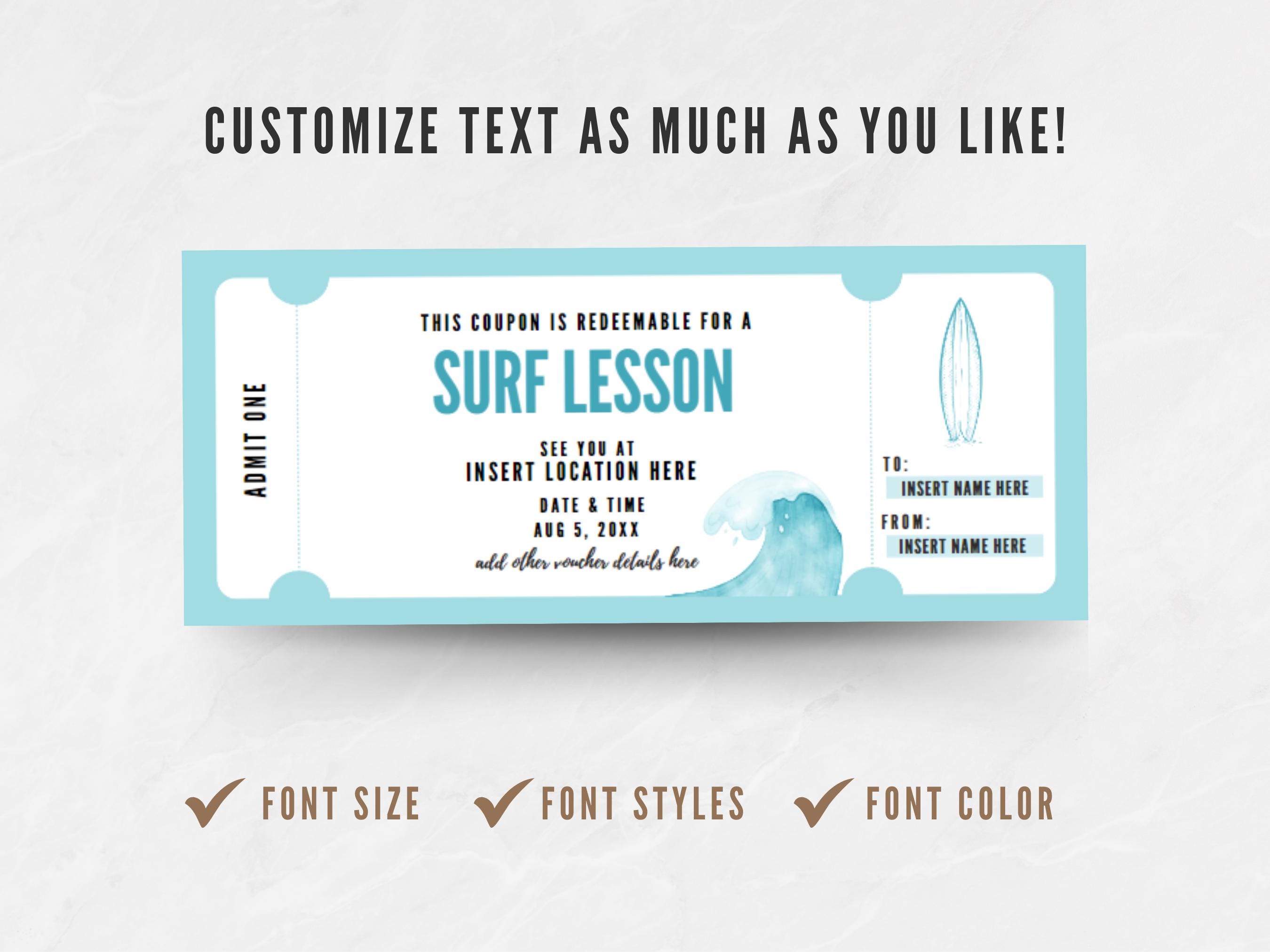 Editable Surf Lesson Coupon, Custom Surfing Lessons Ticket Template ...