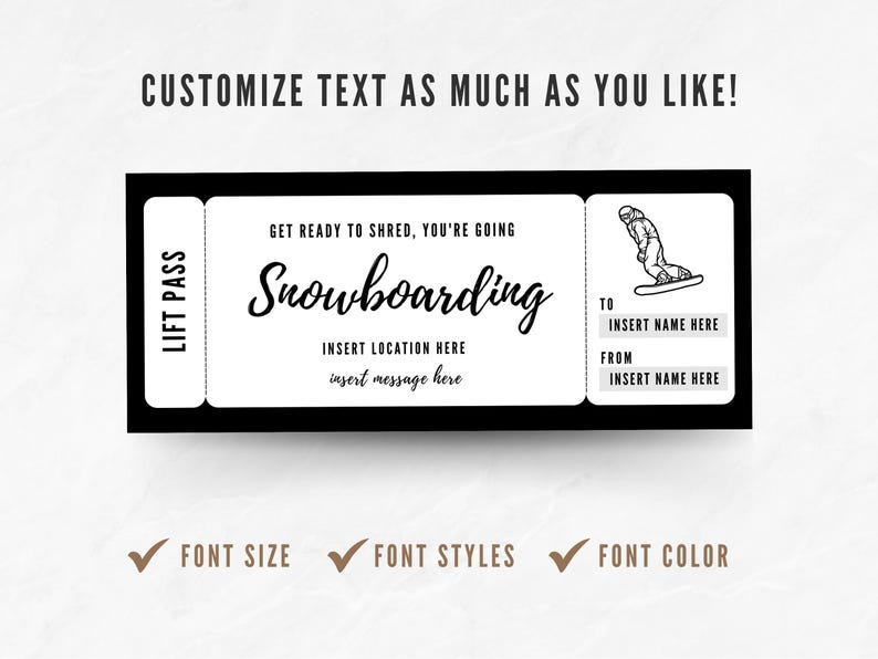 Editable Snowboarding Lift Ticket Template, Custom Snowboarding Trip ...