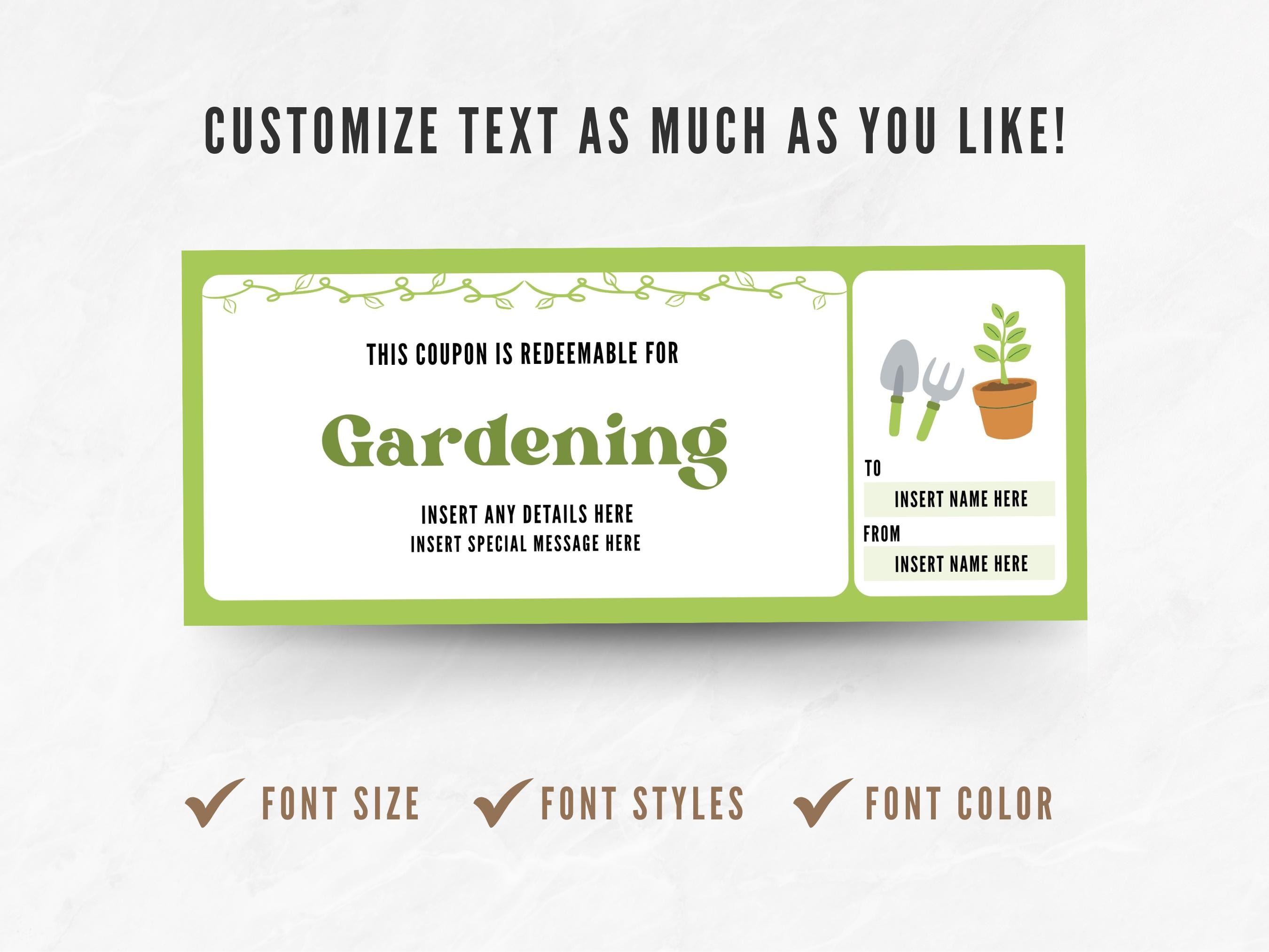 Custom Gardening Gift Certificate, Editable Landscaping Voucher, Printable Garden Coupon PDF - Etsy