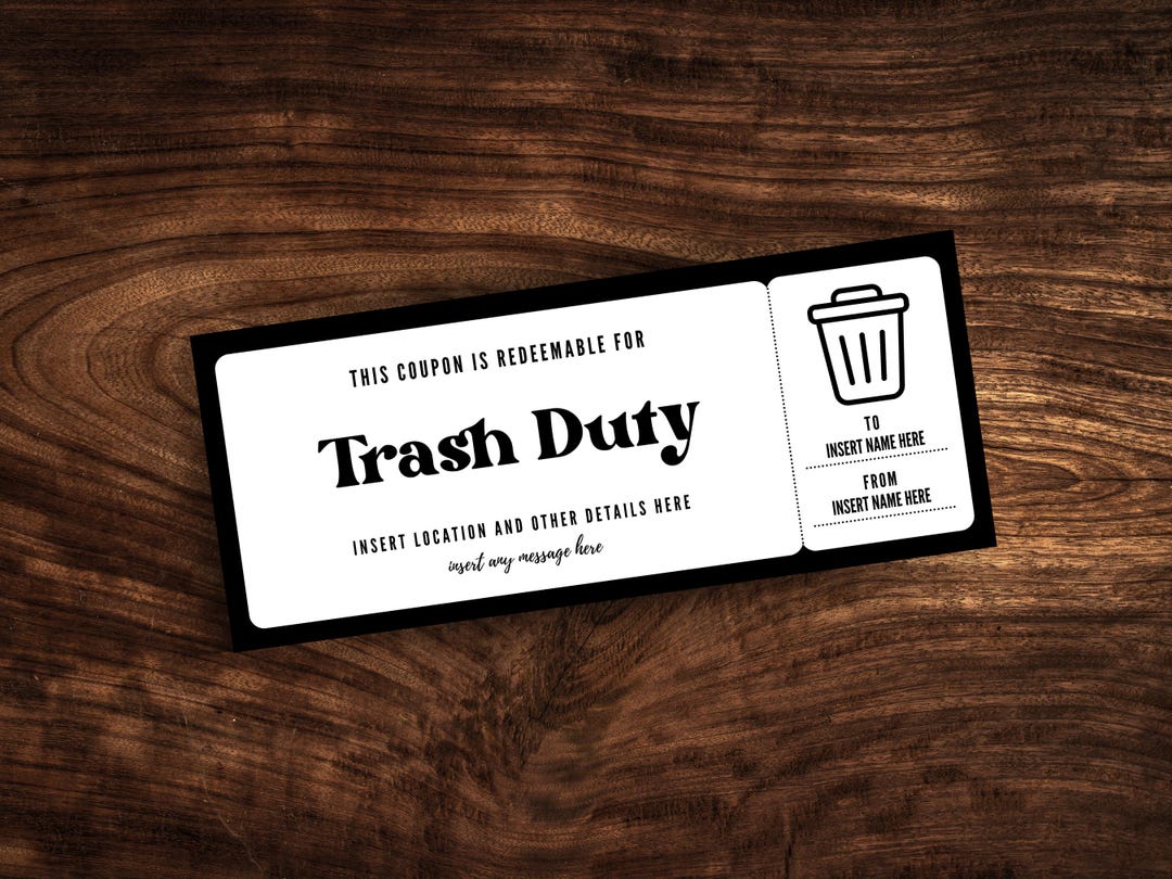 Editable Trash Duty Coupon, Custom Garbage Service Gift Certificate ...