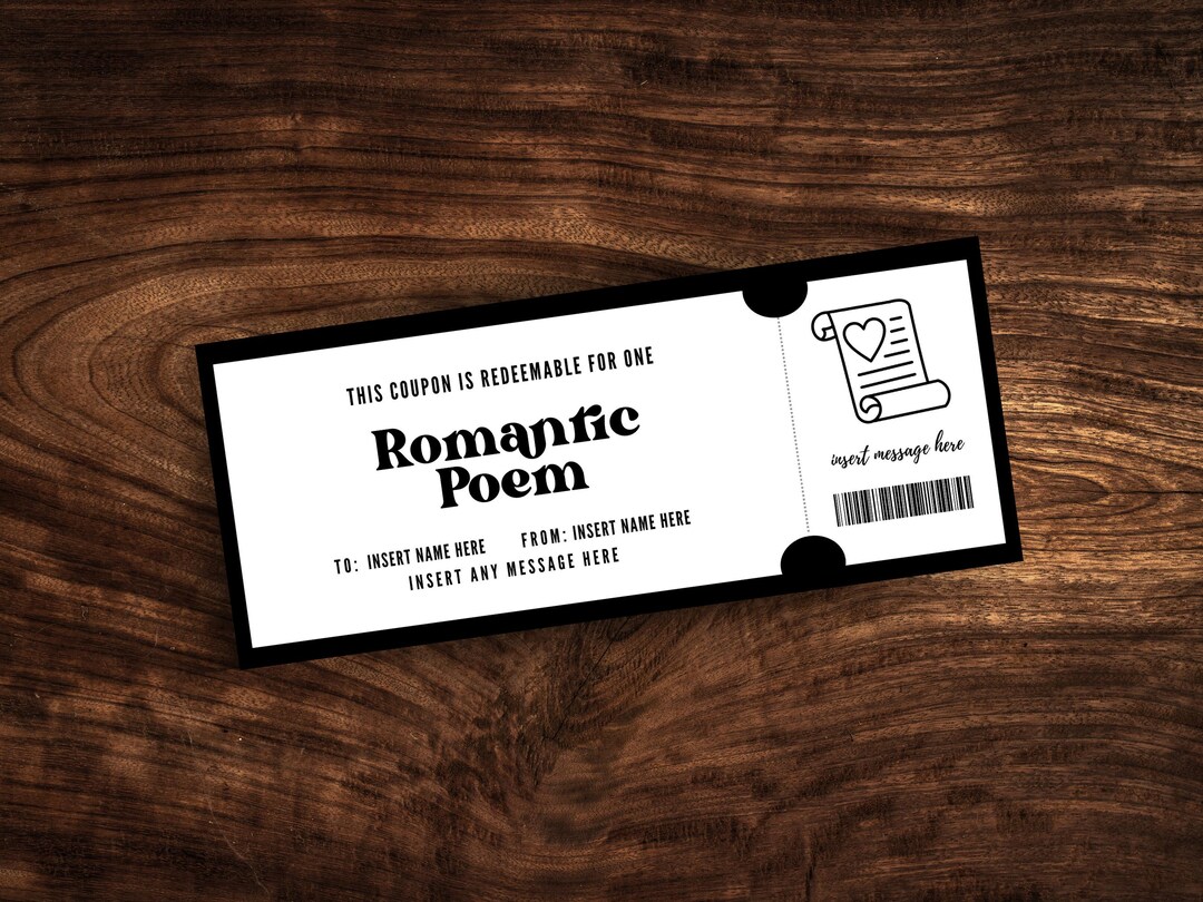 Editable Romantic Poem Coupon, Printable Words of Affirmation Ticket ...