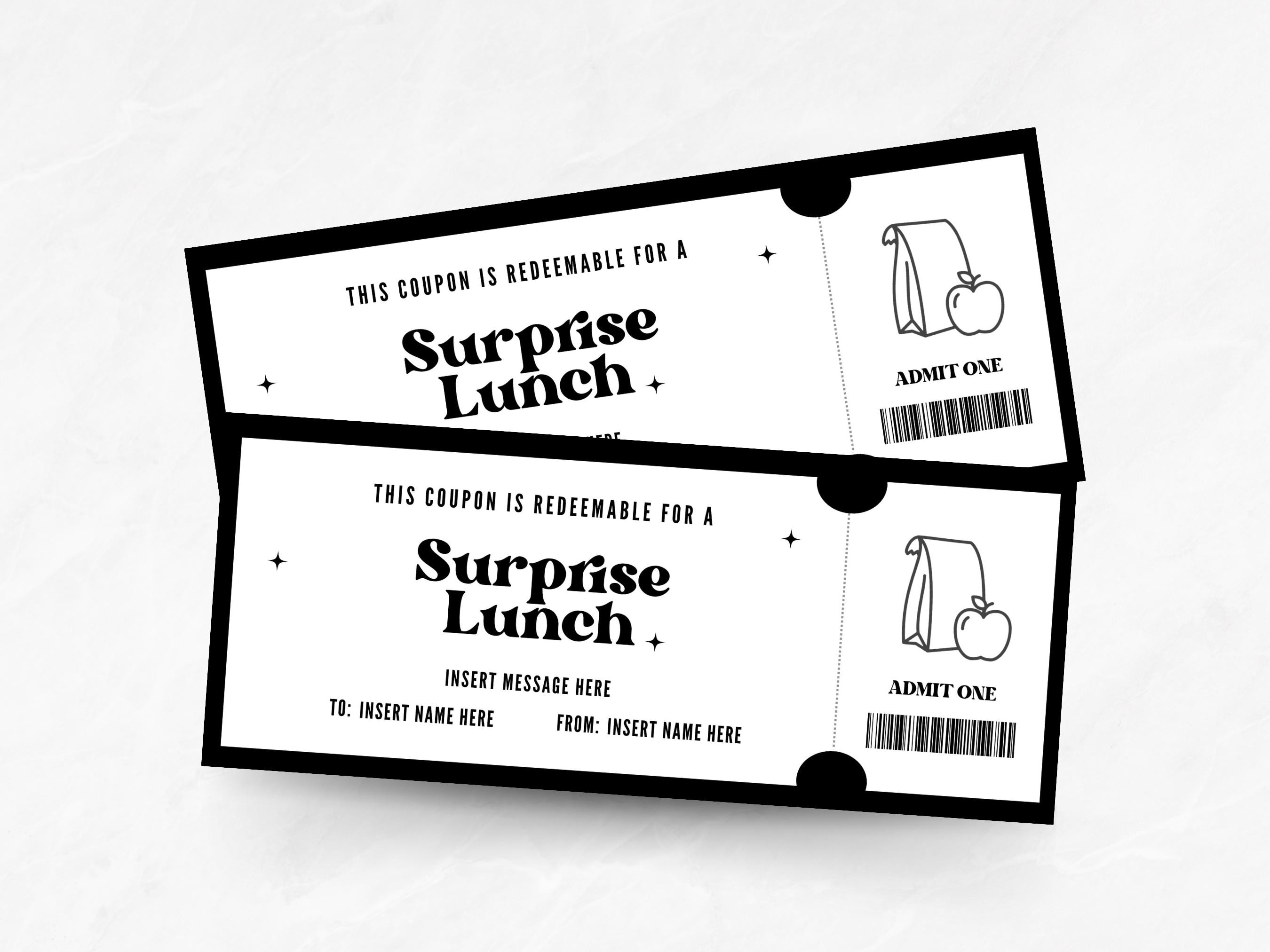 Custom Surprise Lunch Coupon, Printable Surprise Homemade Lunch Voucher ...