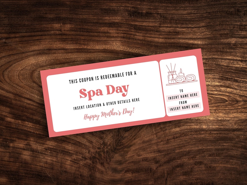 Editable Spa Day Coupon, Printable Spa Ticket Voucher, Custom Mother's ...