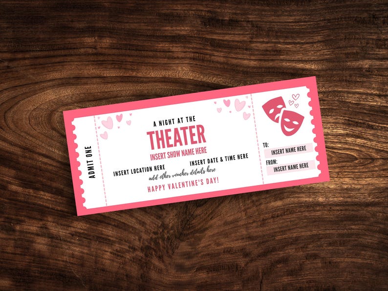 Custom Valentine's Day Theater Ticket Template, Printable Play Show ...