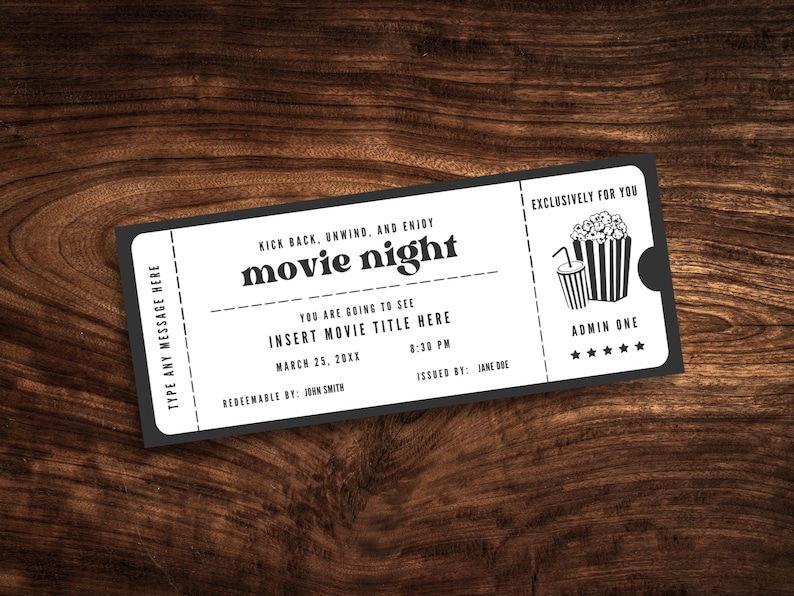 Editable Movie Night Coupon, Custom Movie Voucher, Digital Ticket ...