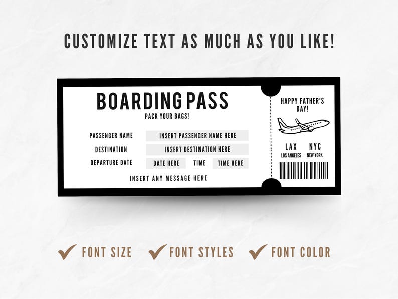 Editable Boarding Pass Template, Printable Plane Ticket, Personalized ...