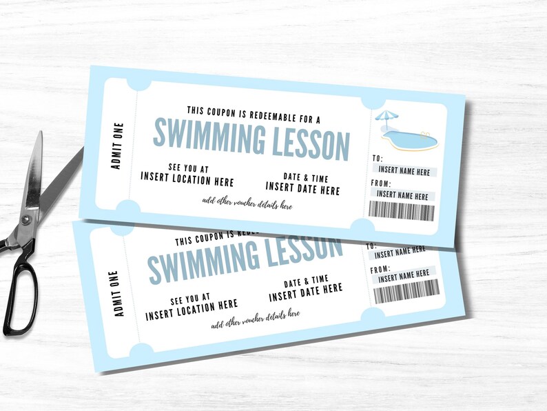 Editable Swimming Lesson Coupon, Custom Swim Lessons Ticket Template ...