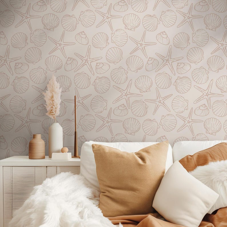Coastal Seashell & Starfish Wallpaper, Soft Beige Nautical Beach Theme ...