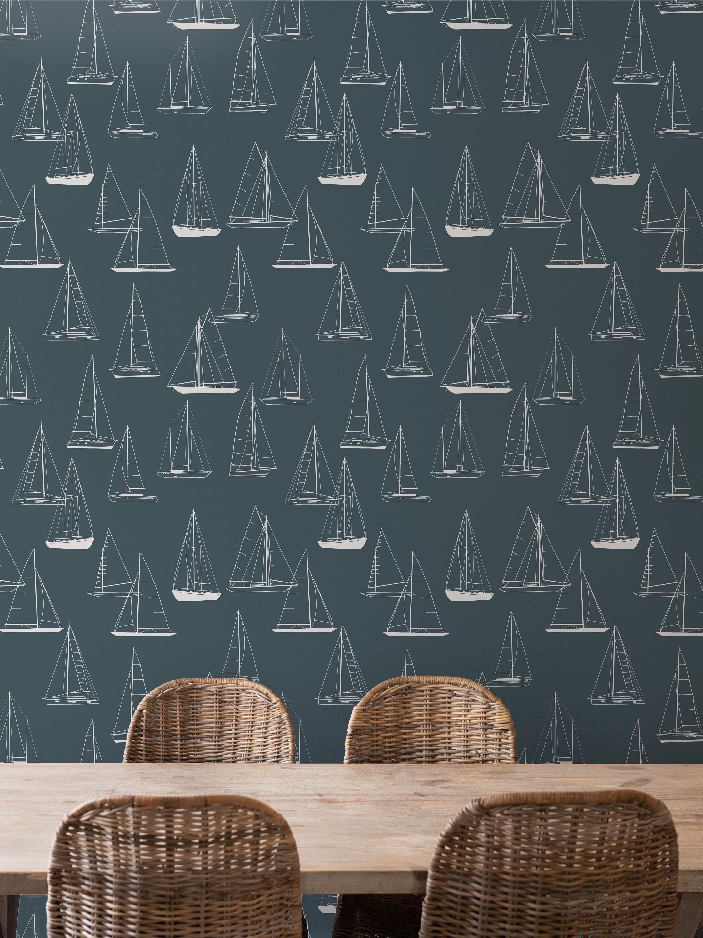 Nautical Sailboats Wallpaper, Coastal Blue Design, Peel and Stick or ...