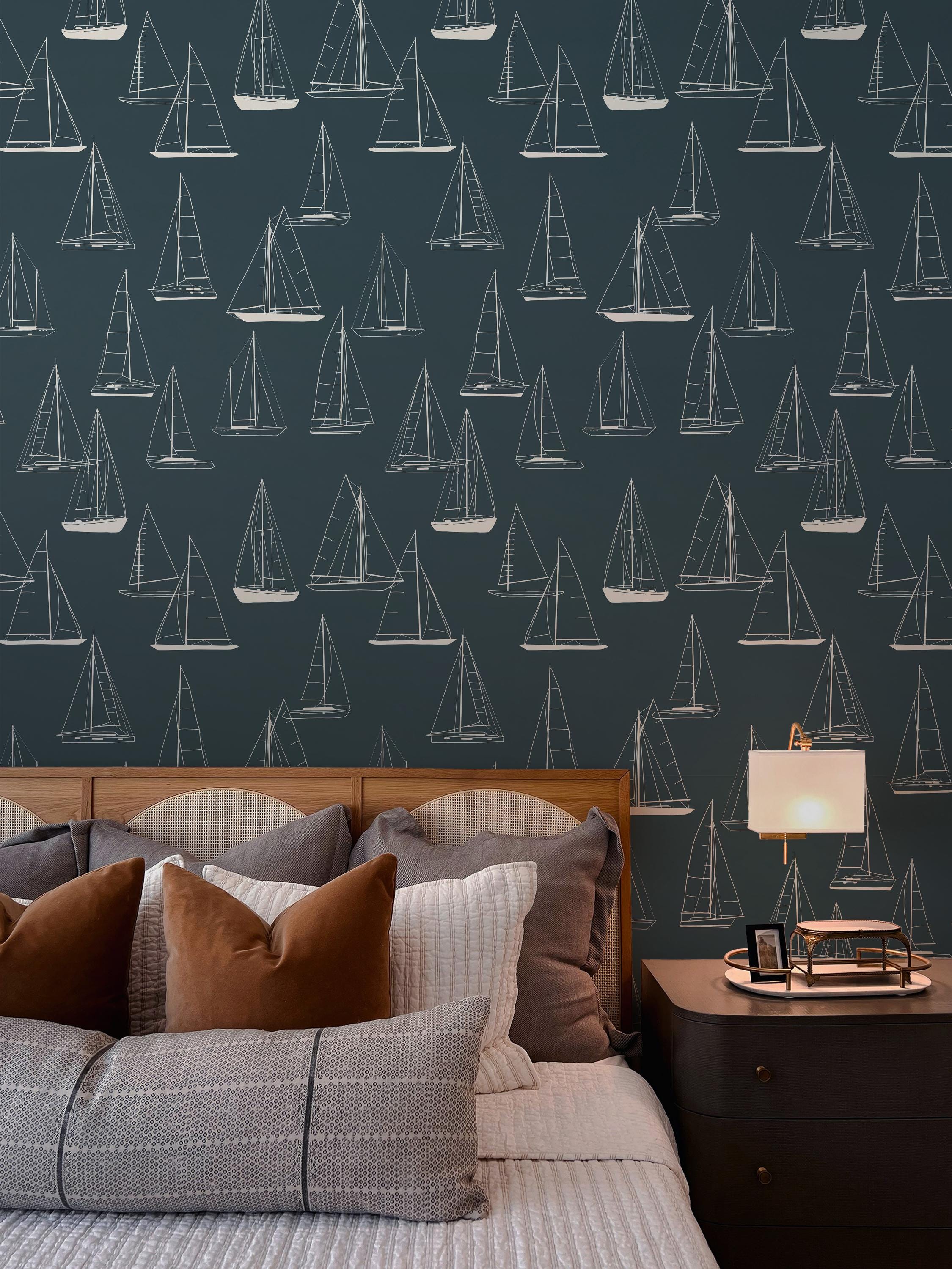 Nautical Sailboats Wallpaper, Coastal Blue Design, Peel and Stick or ...
