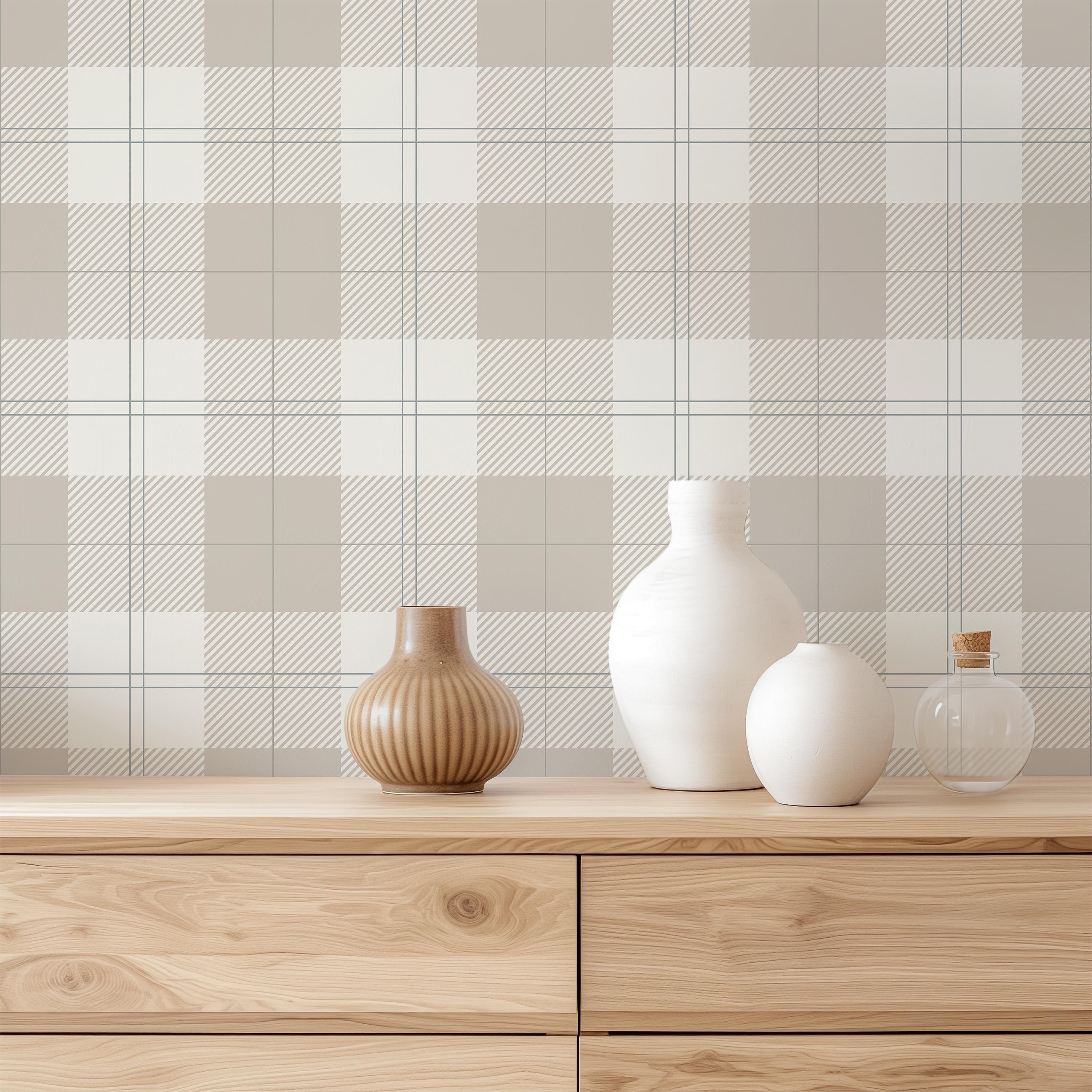 Plaid Neutral Wallpaper, Ash Taupe Colors, Peel and Stick or Pre-pasted ...