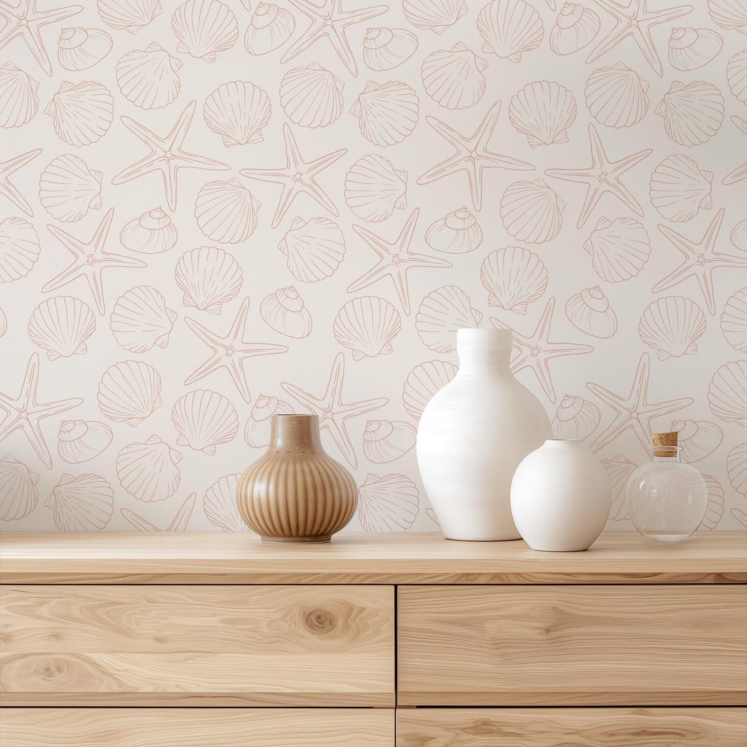 Coastal Seashell & Starfish Wallpaper, Smoke Salmon Line Art, Pre ...