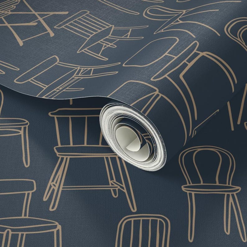 Chairs Line Art Wallpaper, Elegant Dark Background Design for Modern ...