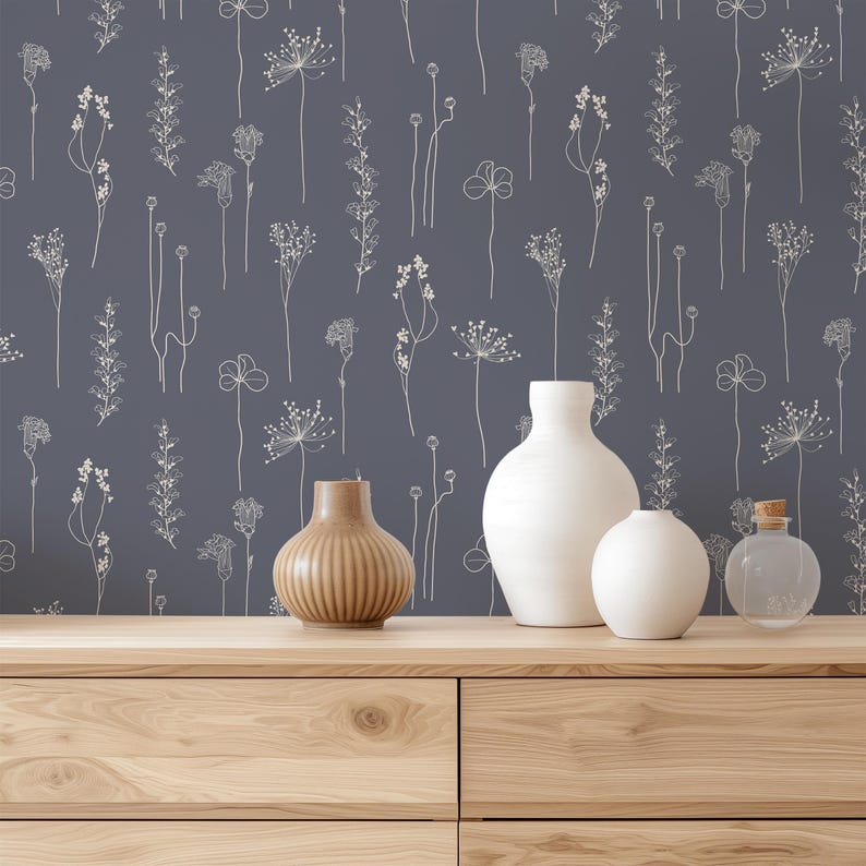 Minimalist Floral Wallpaper in Blue, Line Art, Peel and Stick or Pre ...