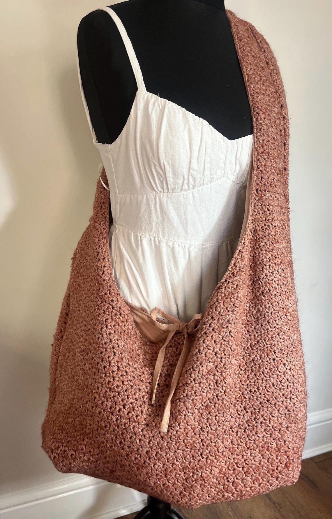 Vintage Salmon Crochet Blanket Bag: Large Handmade Shoulder Sling - Etsy