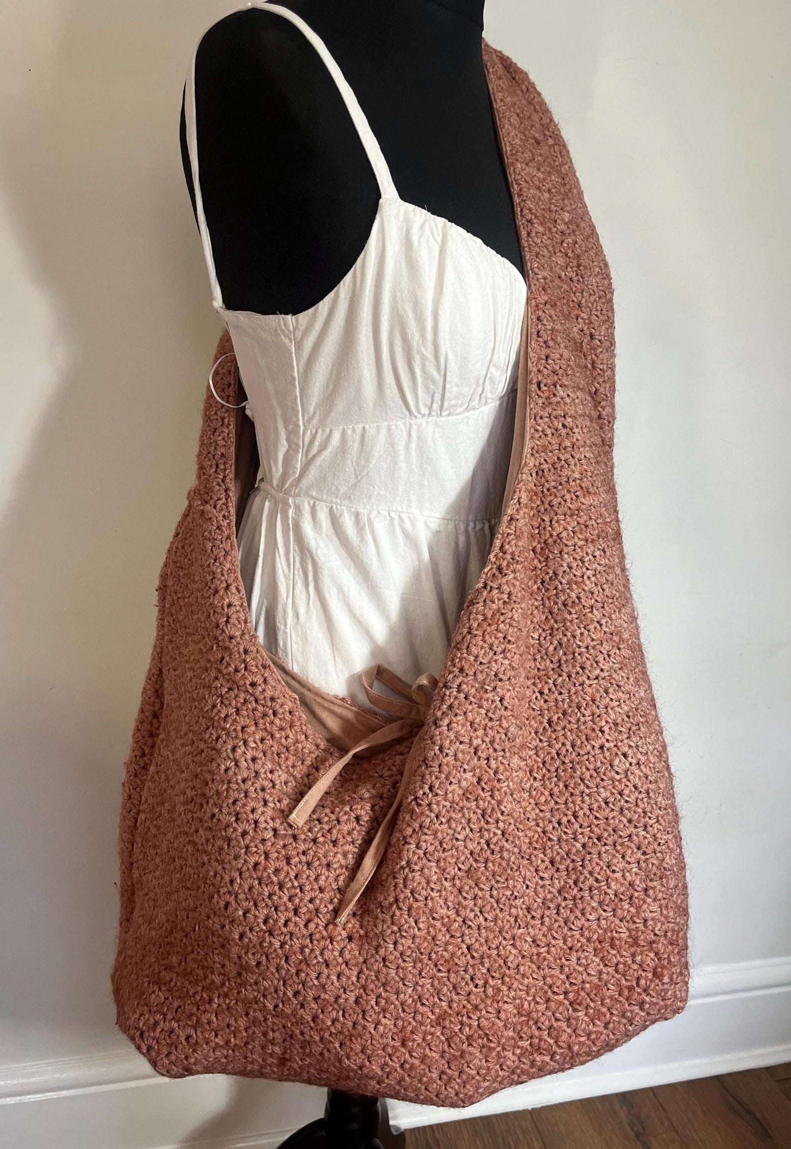 Vintage Salmon Crochet Blanket Bag: Large Handmade Shoulder Sling - Etsy