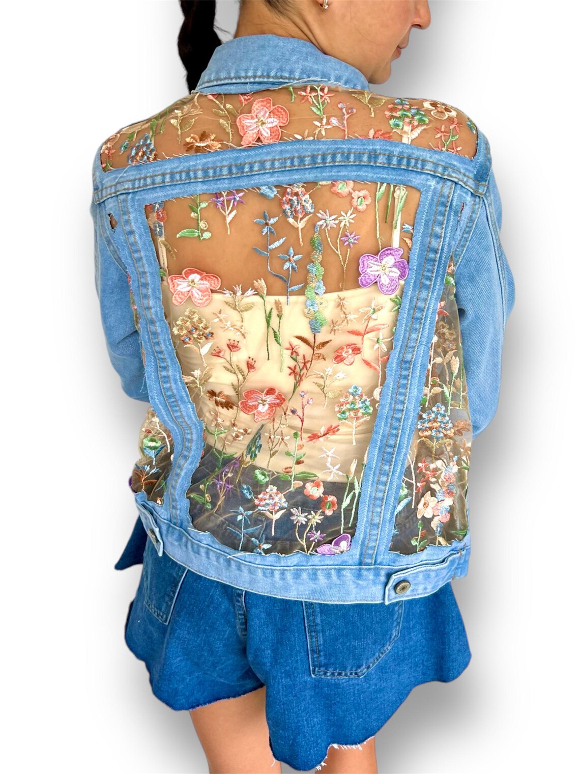 Denim Blue Jacket With Embroidered Mesh, Boho Stylish Floral Design ...