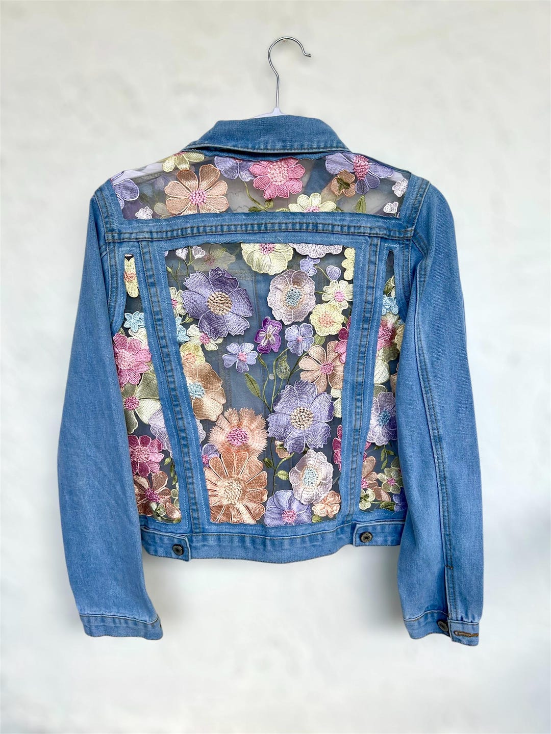 Blue Denim Jacket With Embroidered Mesh, Boho Unique Floral Lace ...