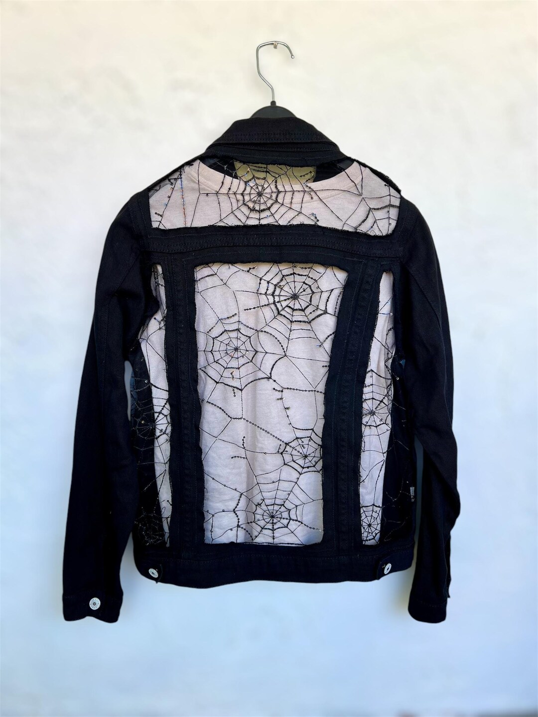 Black Gothic Denim Jacket With Embroidered Spider Web Mesh, Custom ...
