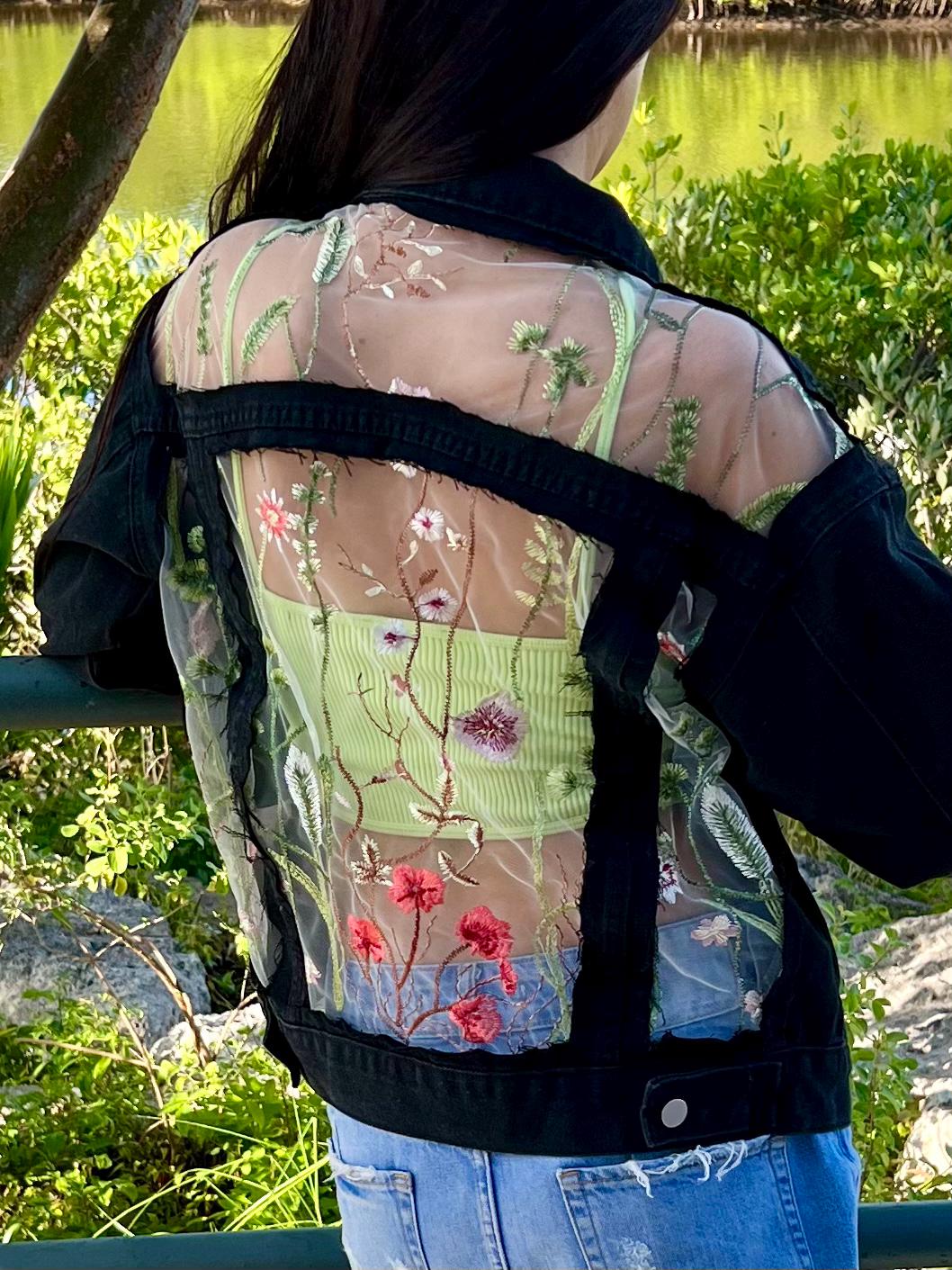 Custom Denim Black Jacket With Floral Lace Embroidered Back, Boho ...
