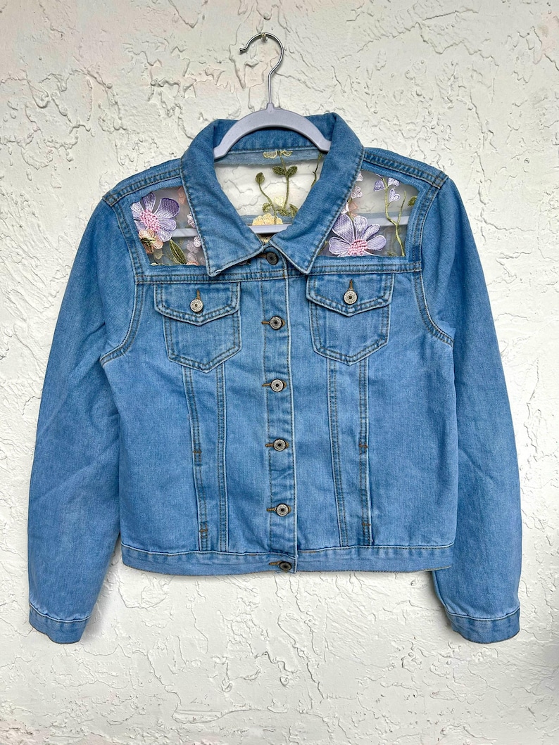 Blue Denim Jacket With Flowers Embroidered on the Mesh, Floral Lace ...