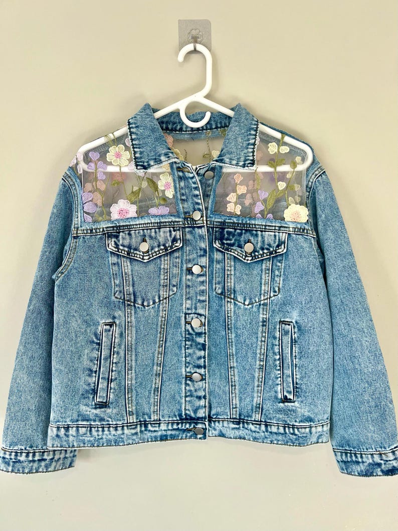 Oversized Blue Denim Jacket: Floral Embroidery, Lace Jean Outfit - Etsy