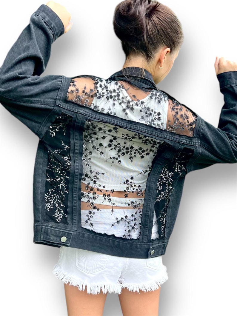 Black Denim Embroidered Sequin Jacket With Mesh Back for Her, Custom ...