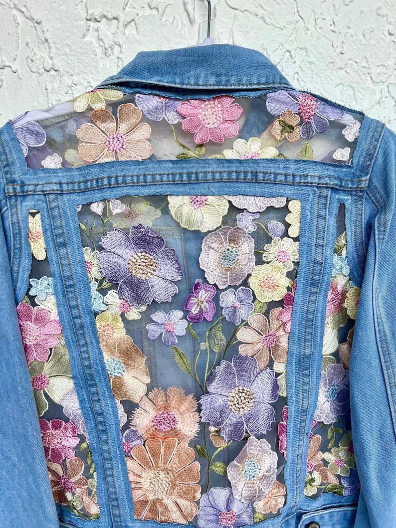 Blue Denim Jacket With Embroidered Mesh, Boho Unique Floral Lace ...