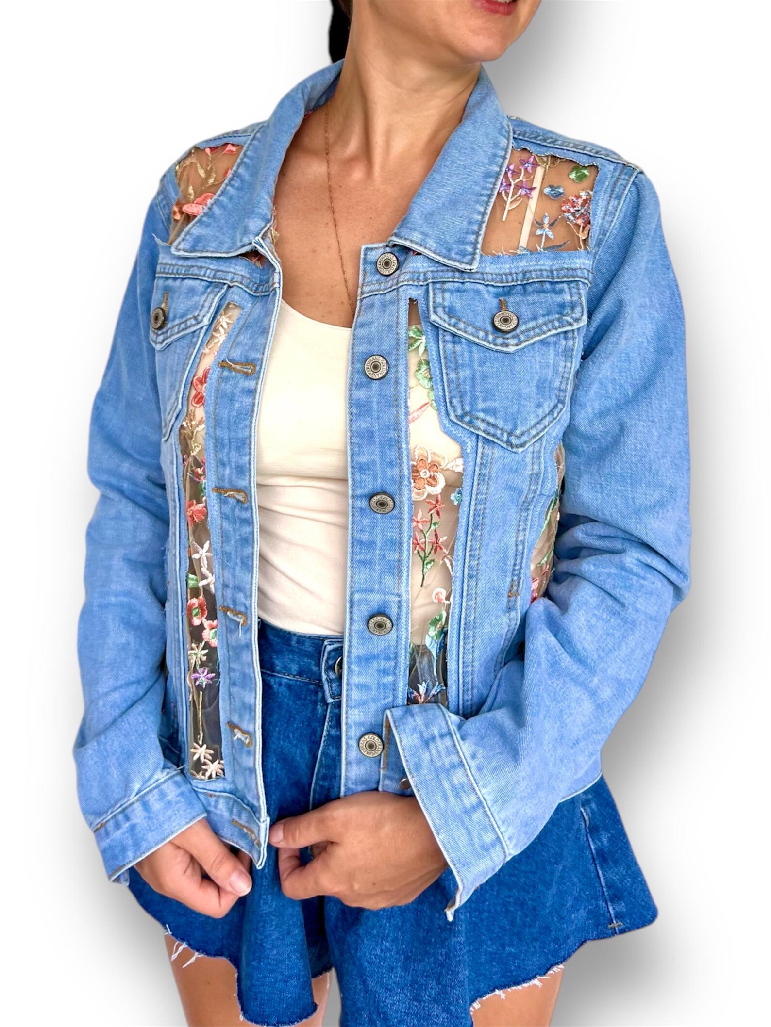 Denim Blue Jacket With Embroidered Mesh, Boho Stylish Floral Design ...