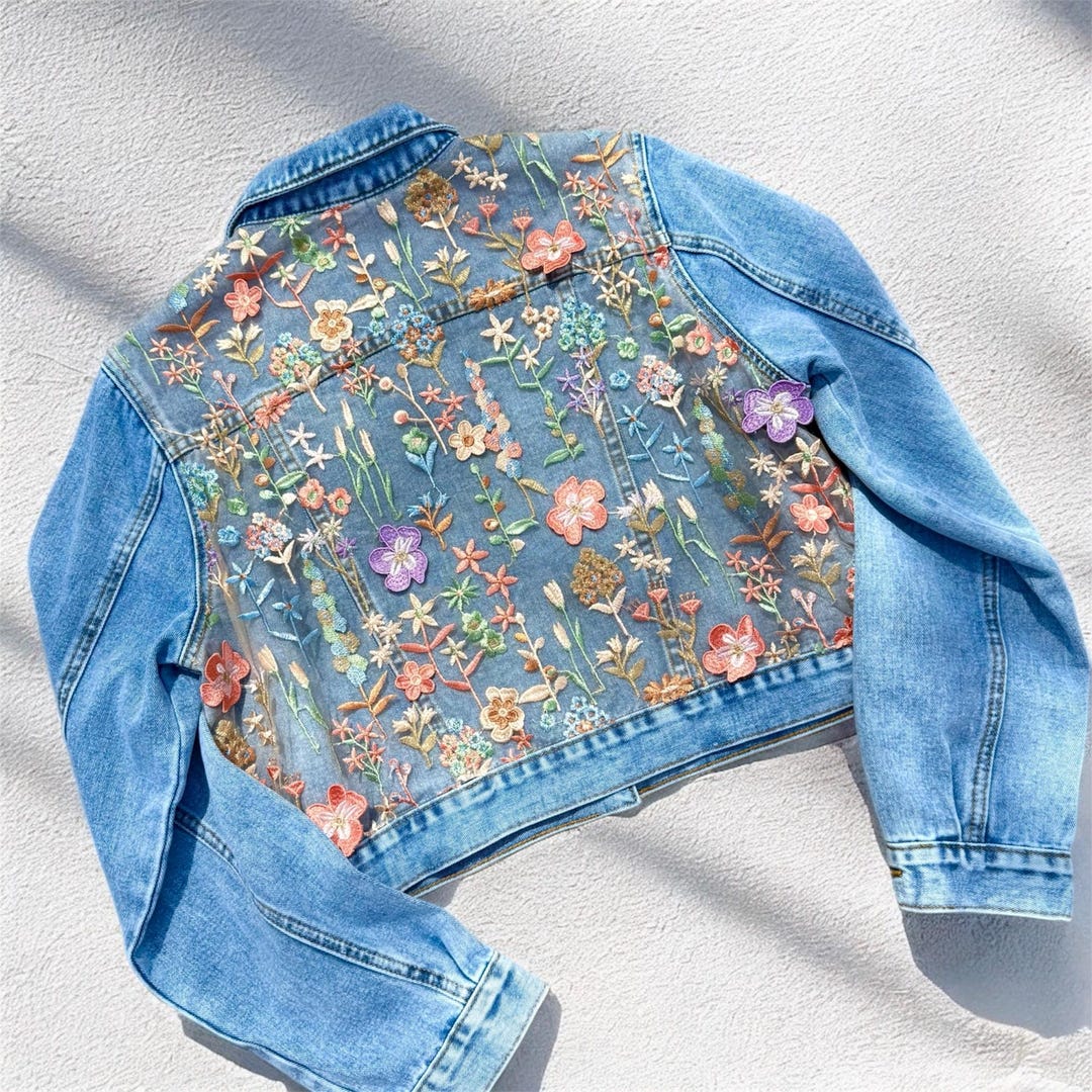Embroidered Boho Denim Blue Jacket, Floral Jean Lace Outfit for Women ...