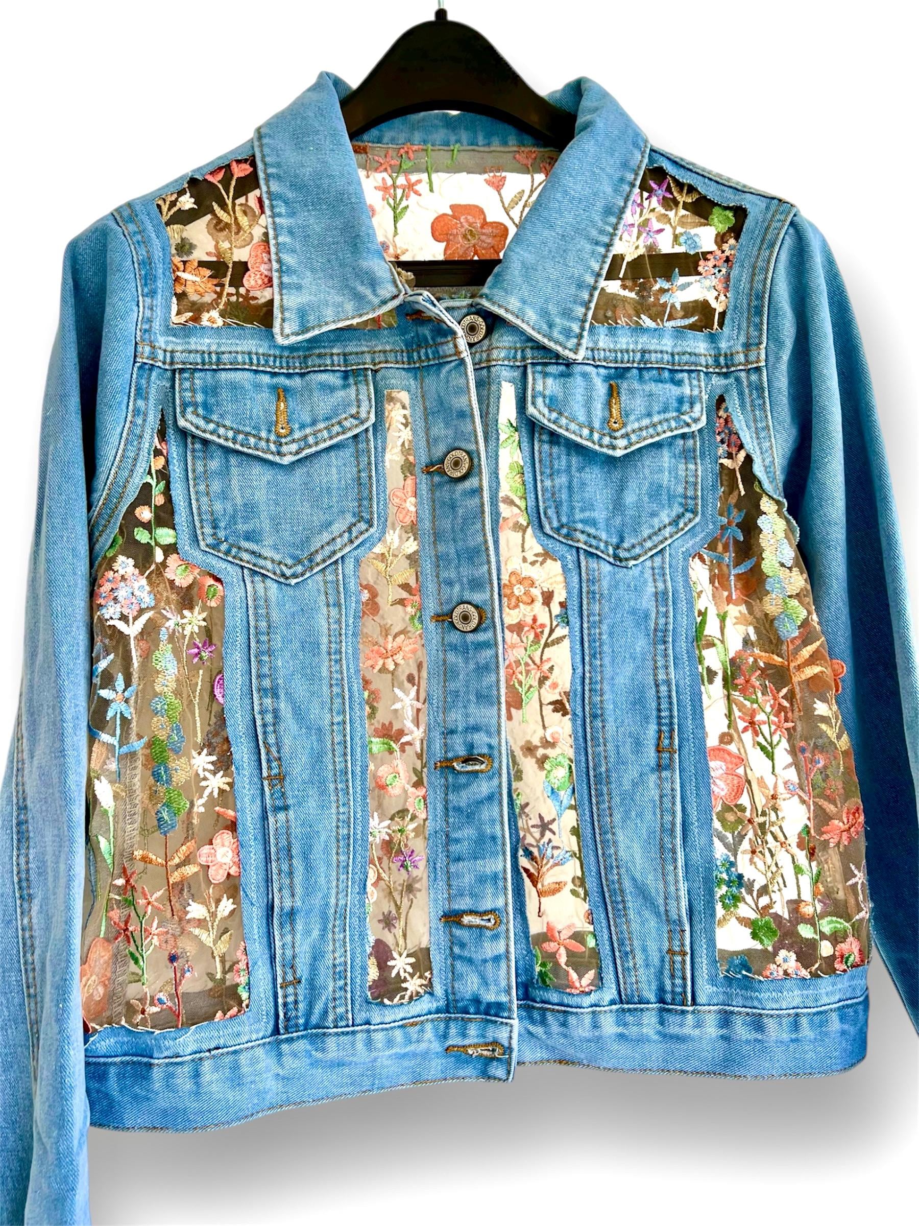 Denim Blue Jacket With Embroidered Mesh, Boho Stylish Floral Design ...