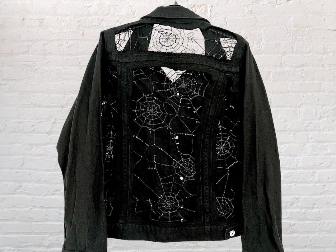 Gothic Black Denim Jacket: Embroidered Spiderweb Patchwork - Etsy
