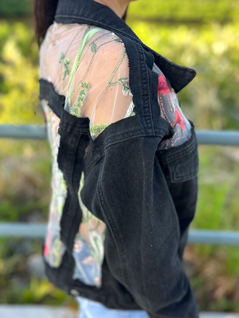 Custom Denim Black Jacket With Floral Lace Embroidered Back, Boho ...